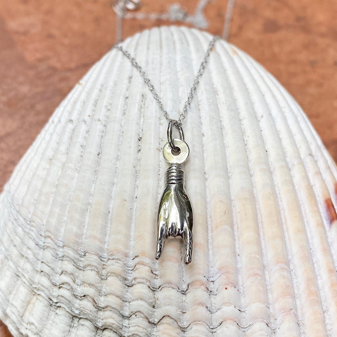 14KT White Gold 3D Italian Mano Cornuto Hand Symbol Good Luck Pendant ...