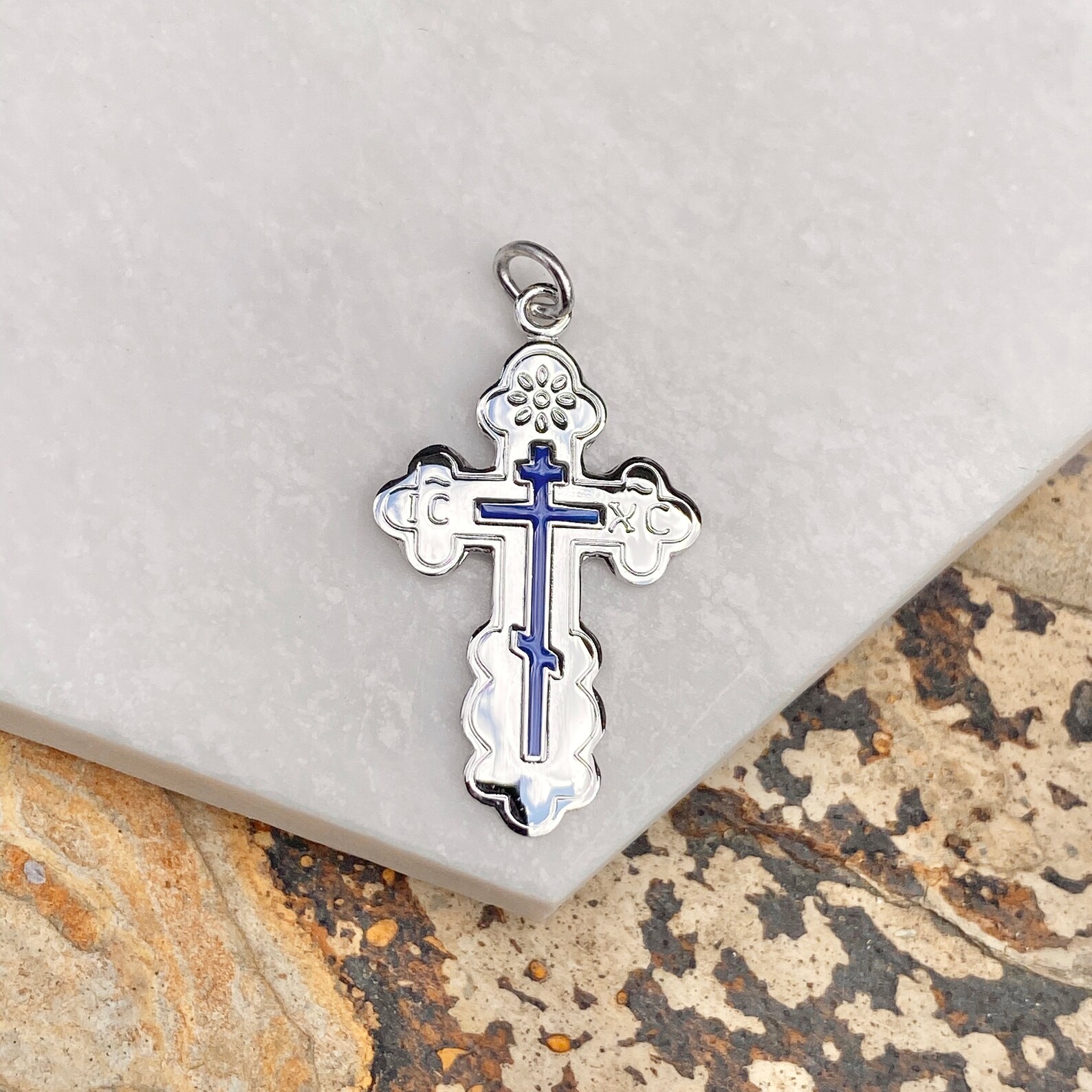 Sterling Silver Blue Enamel Eastern Orthodox Cross Detailed Pendant ...