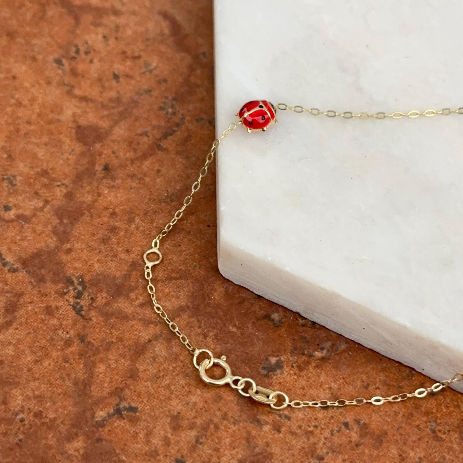 14KT Yellow Gold Triple Red Ladybug Charm Station Chain Bracelet Good ...