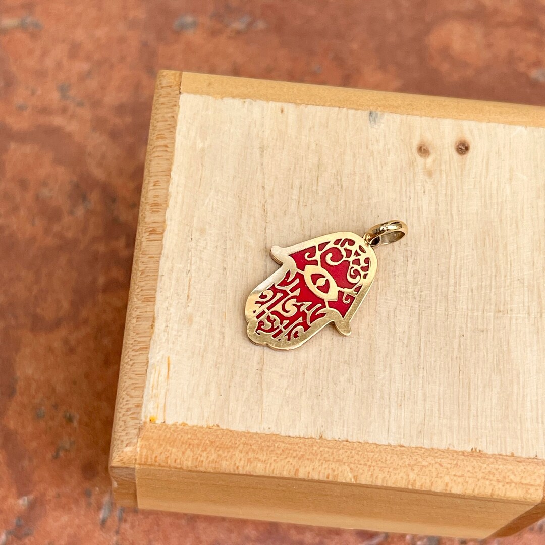14KT Yellow Gold Red Onyx Filigree Hand of God Fatima Hamsa Chamseh ...