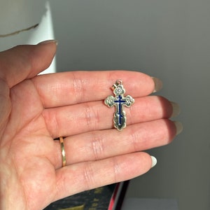 14KT Yellow Gold Eastern Orthodox Cross + Blue Enamel Detailed Pendant ...