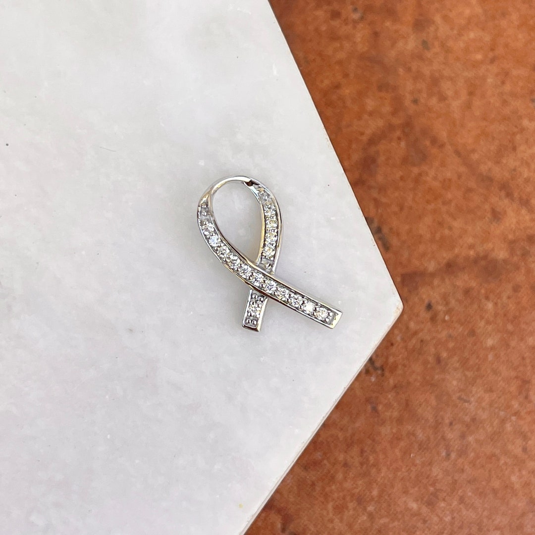 14KT White Gold 1/8 CT Diamond Cancer Survivor Awareness Pendant Slide ...