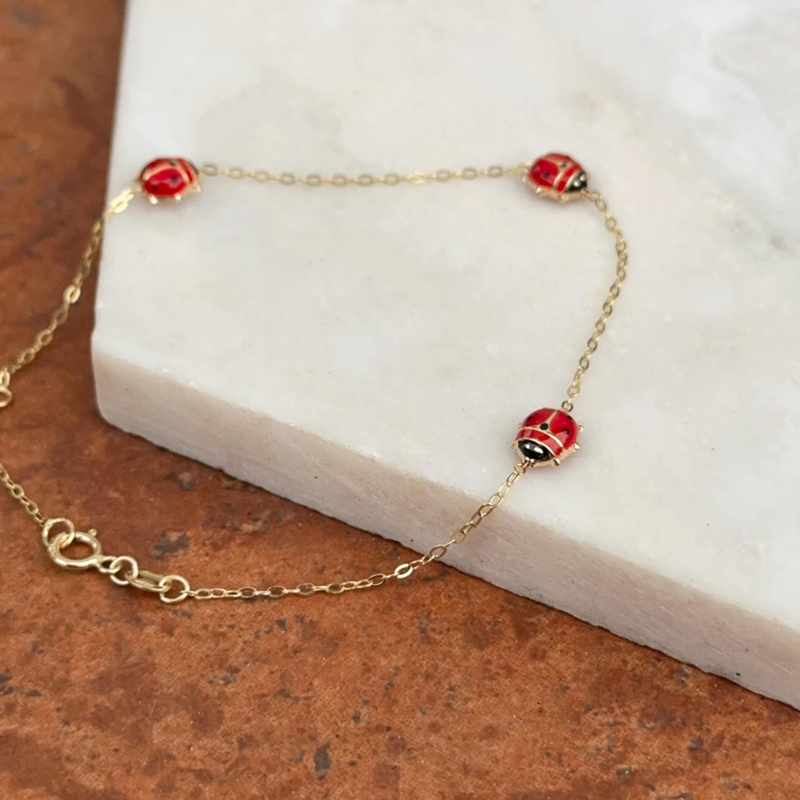 14KT Yellow Gold Triple Red Ladybug Charm Station Chain Bracelet Good ...
