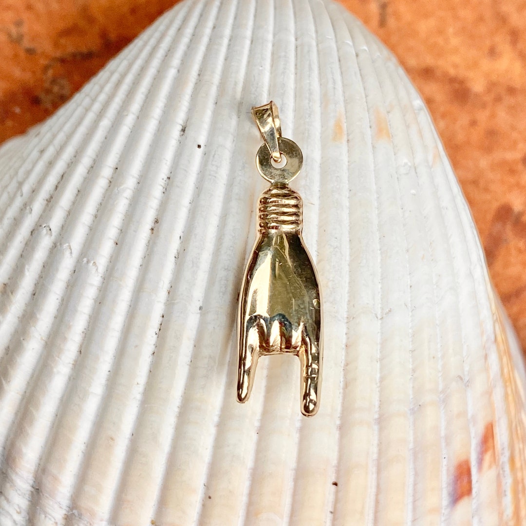 14KT Yellow Gold 3D Italian Mano Cornuto Hand Symbol Good Luck Pendant ...
