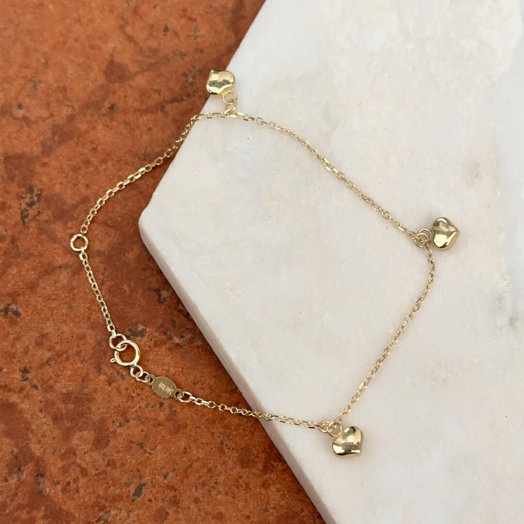 14KT Yellow Gold Triple Puffed Heart Charm Station Chain Bracelet Thin ...