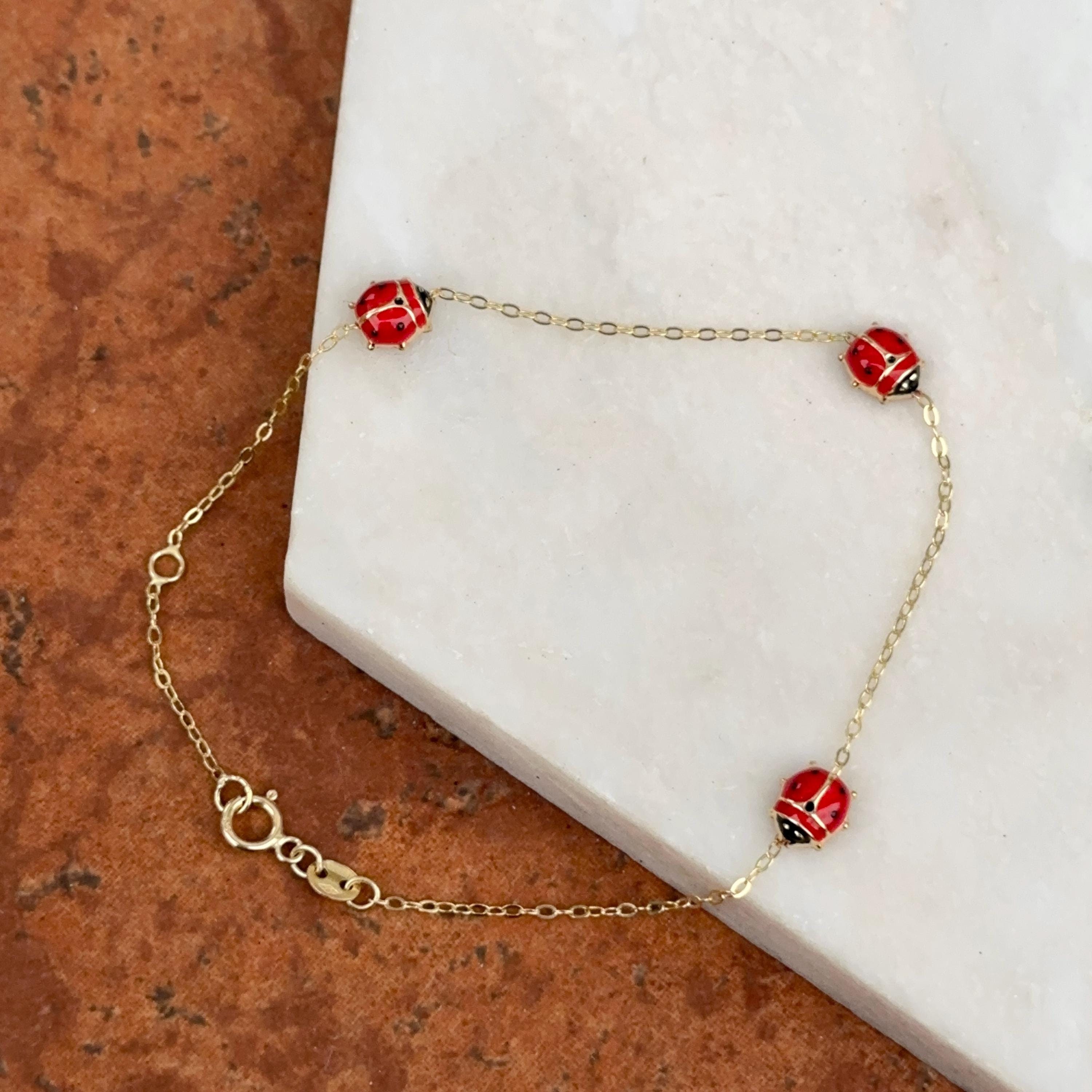 14KT Yellow Gold Triple Red Ladybug Charm Station Chain Bracelet Good ...