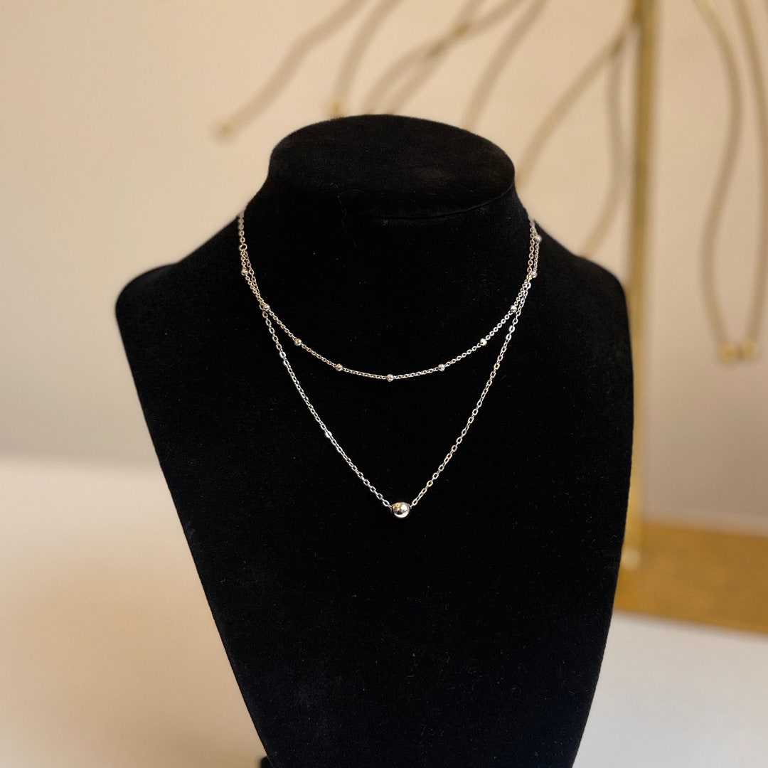 Sterling Silver Beaded Double Chain Adjustable Choker Chain Necklace ...