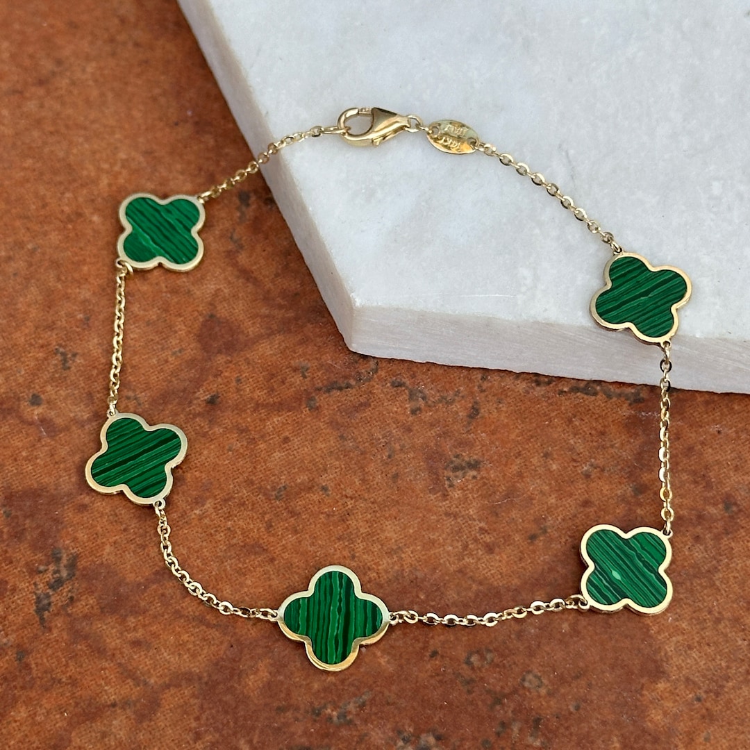 14KT Yellow Gold Genuine 10mm Green Malachite Clover Station Chain ...