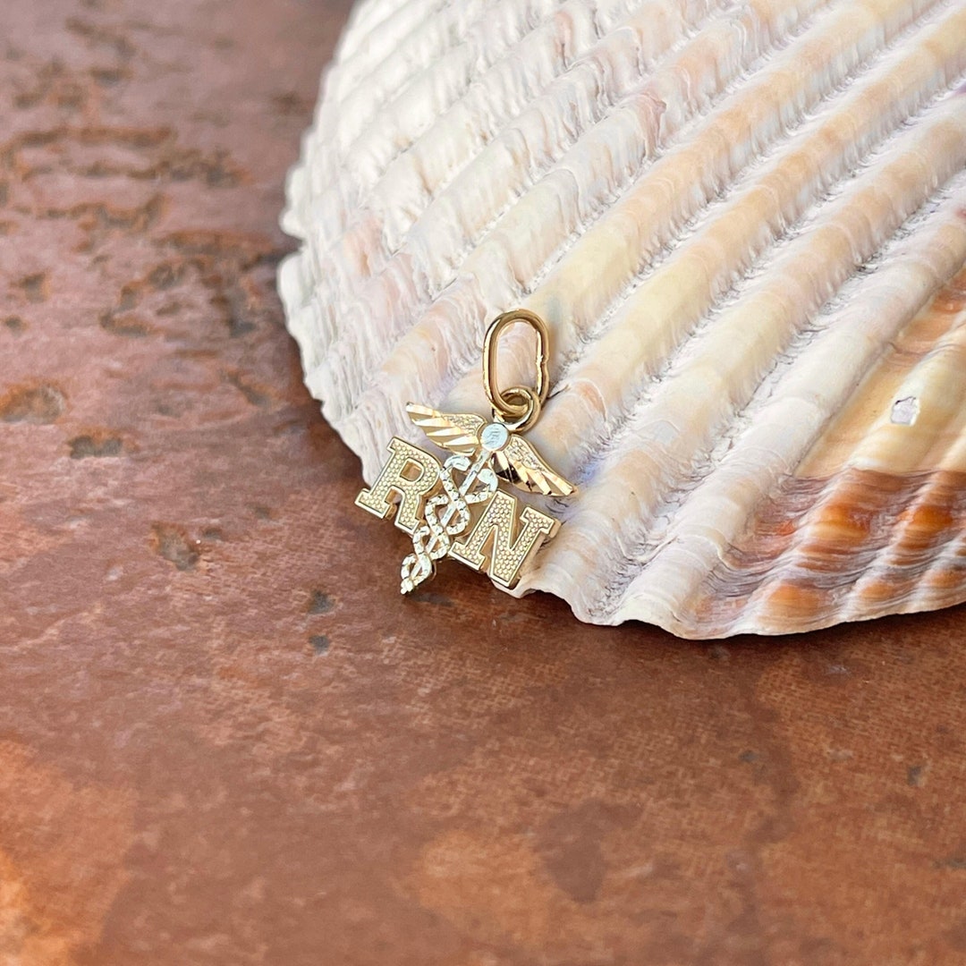 14KT Yellow Gold Diamond-cut RN Caduceus Small Pendant Charm NEW ...