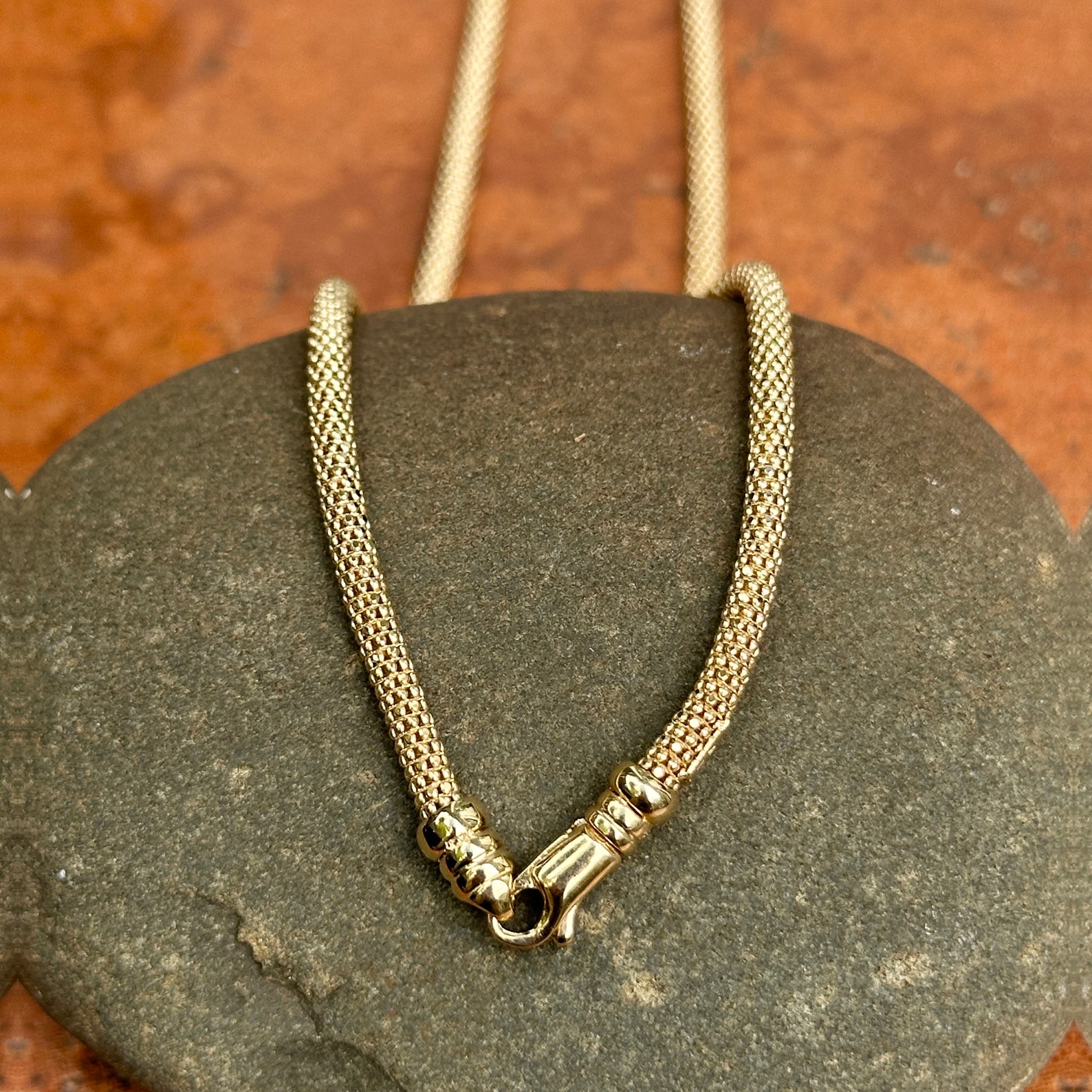 14KT Yellow Gold Rounded 3mm Mesh Popcorn Link Weave Collar Chain ...