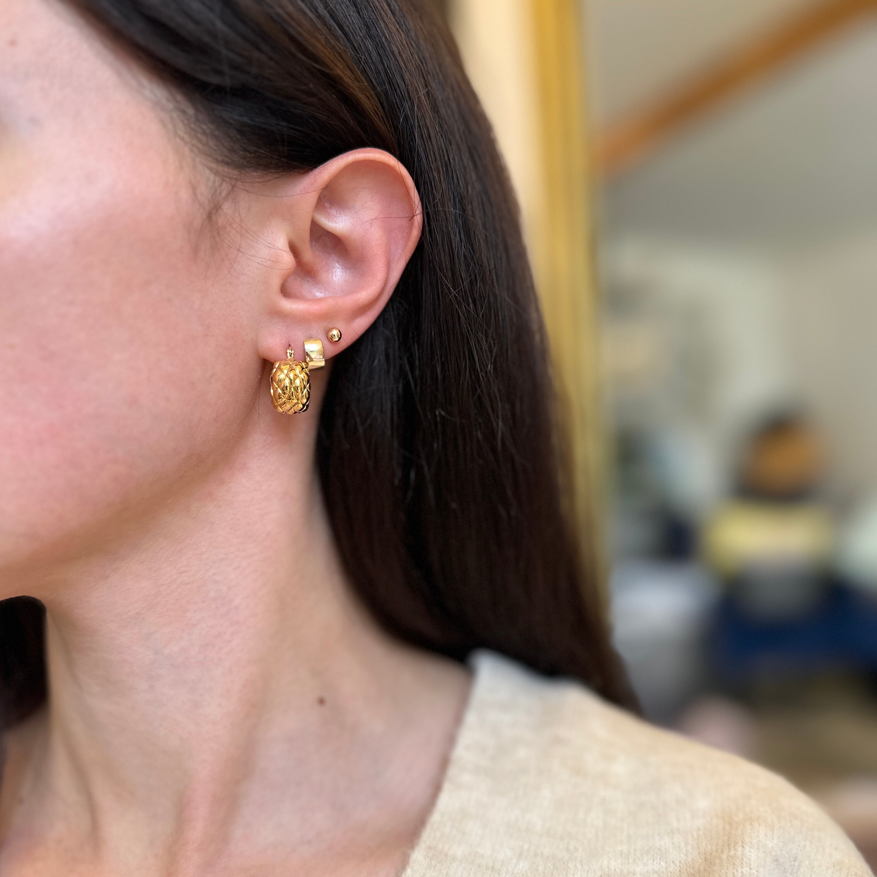14KT Yellow Gold Weaved Crosshatch Design Thick 9mm Wide Rounded Small ...