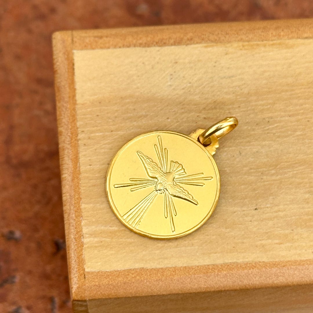 14KT Yellow Gold Solid Holy Spirit 18mm Round Medal Pendant Charm NEW ...