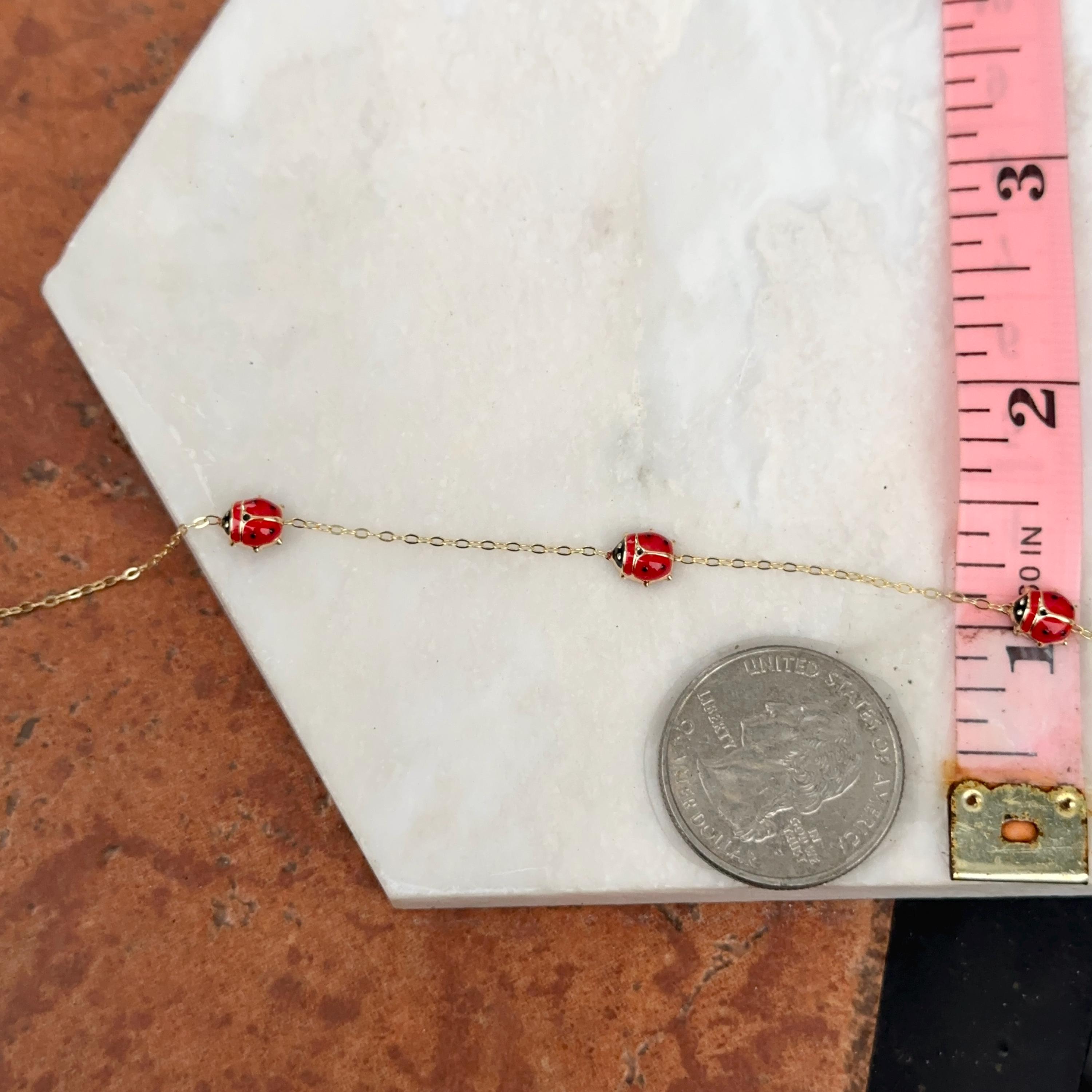 14KT Yellow Gold Triple Red Ladybug Charm Station Chain Bracelet Good ...