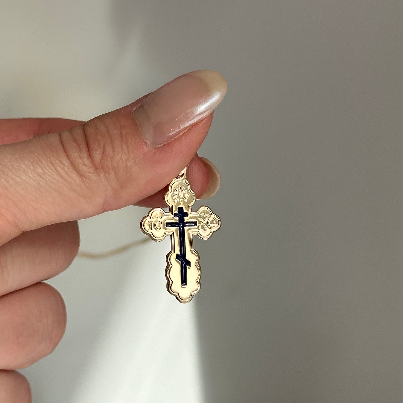 14KT Yellow Gold Eastern Orthodox Cross + Blue Enamel Detailed Pendant ...