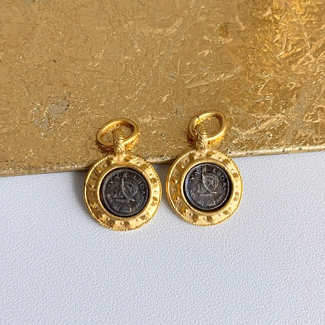Yellow Gold-tone Detailed Faux Coin Shaped Round Dangle Earring Charms ...