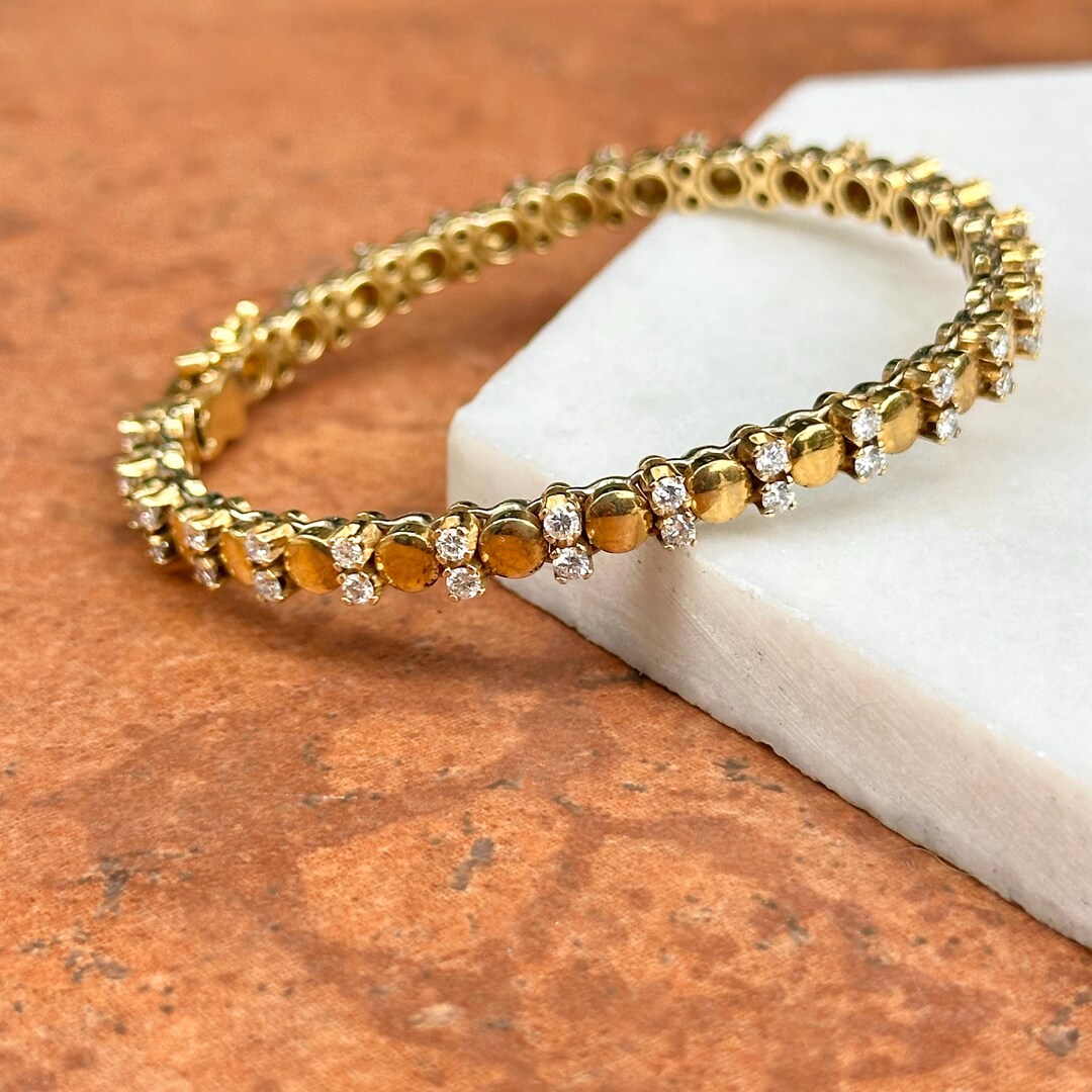 Estate 18K Yellow Gold 7inch Round Diamond and Circle Link Bracelet ...