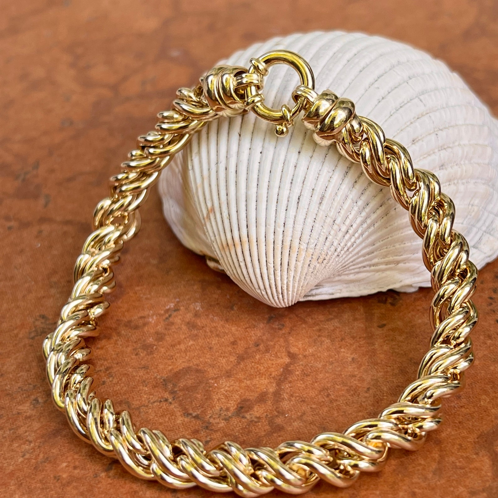 14KT Yellow Gold Rounded Intertwined Chain Link Bracelet Toggle Clasp 8 ...