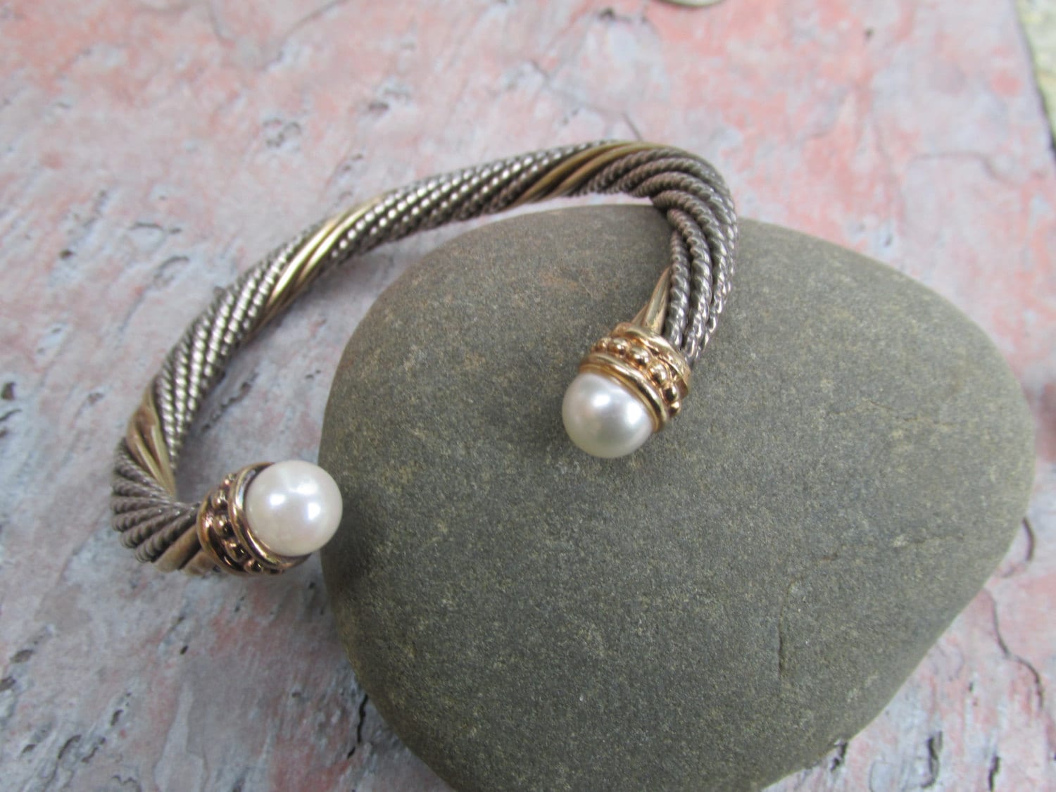 Estate Alwand Vahan 14 KT Yellow & Sterling Silver Pearl End Caps Cuff ...