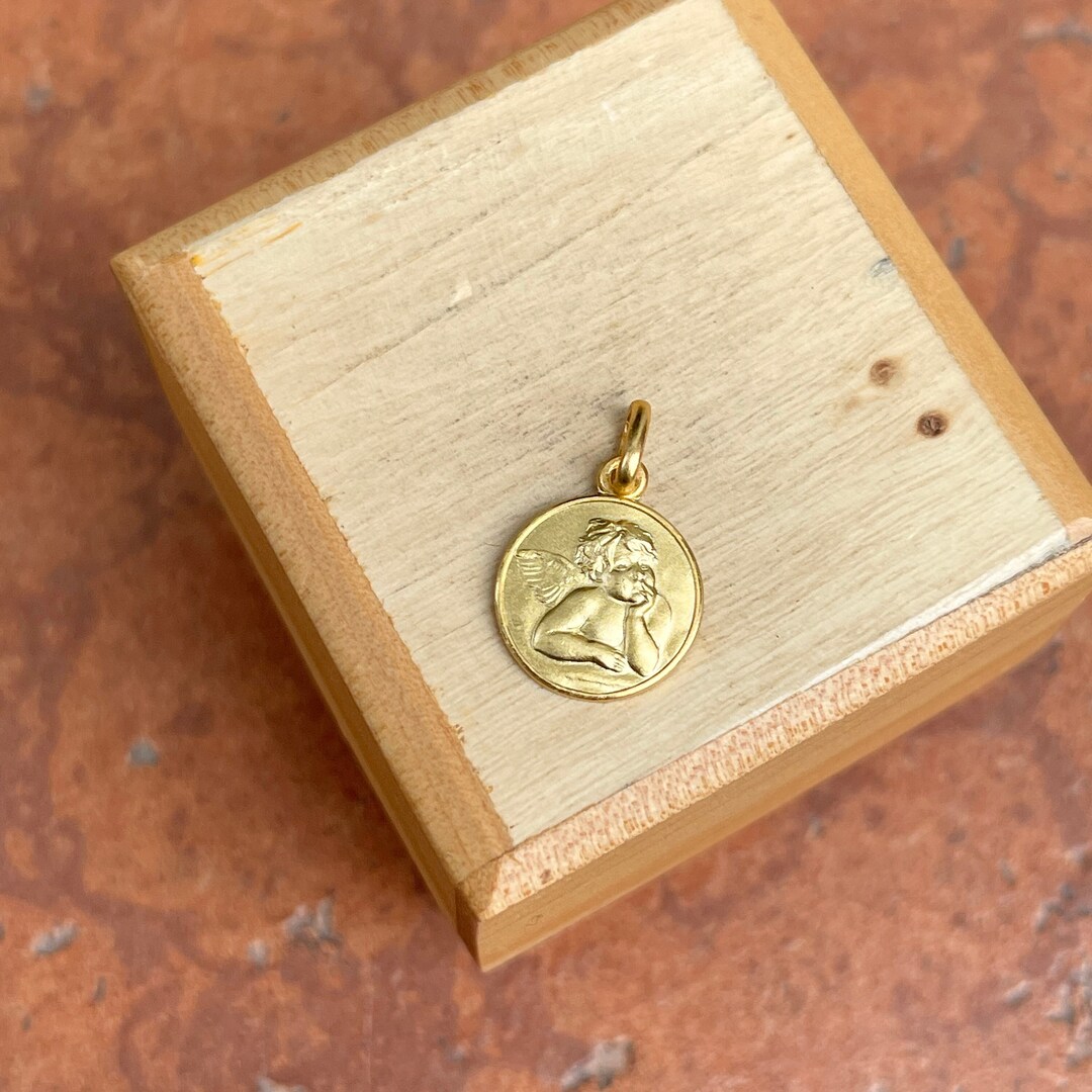 18KT Yellow Gold Solid Angel Raphael Round Medal Pendant Charm NEW ...