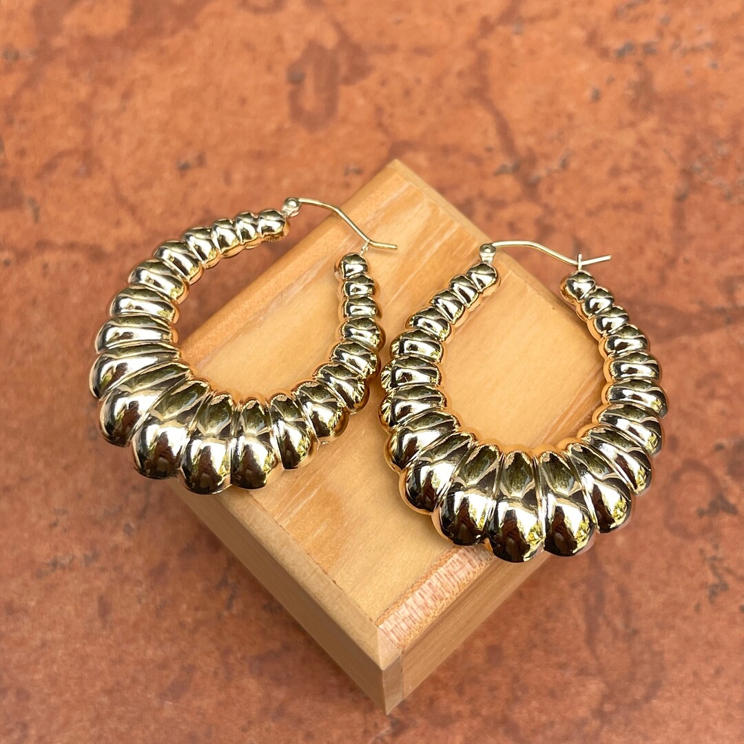 14KT Yellow Gold Scalloped 9mm Shrimp Creole Oval Hoop Earrings 41mm ...