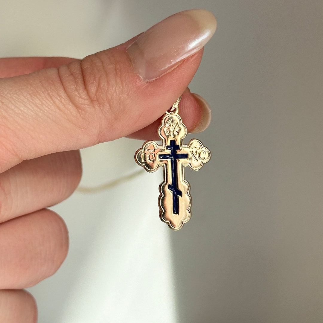 14KT Yellow Gold Eastern Orthodox Cross + Blue Enamel Detailed Pendant ...