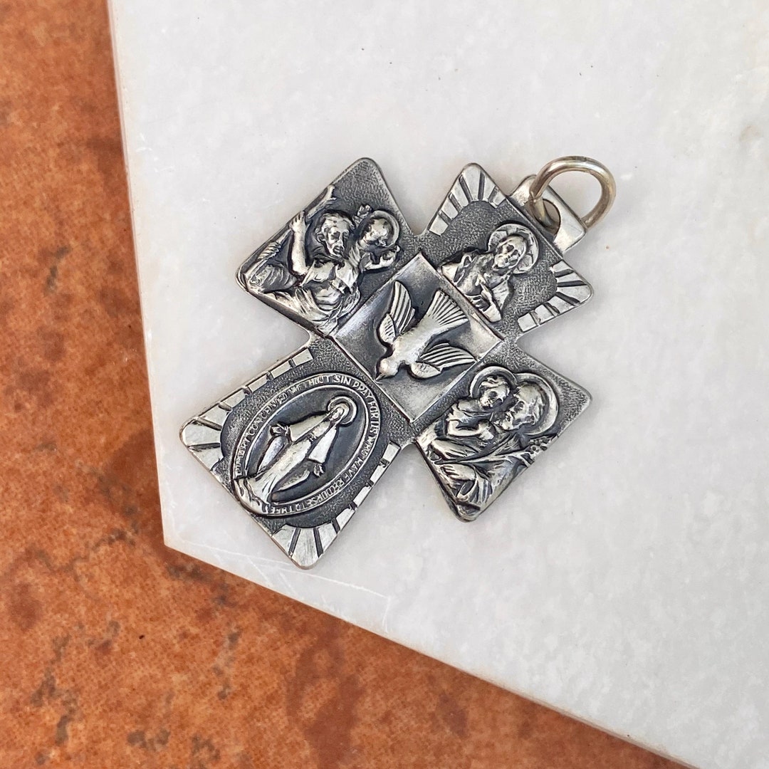 Sterling Silver Antiqued Four Way Catholic Cross Medal Engraved Pendant ...