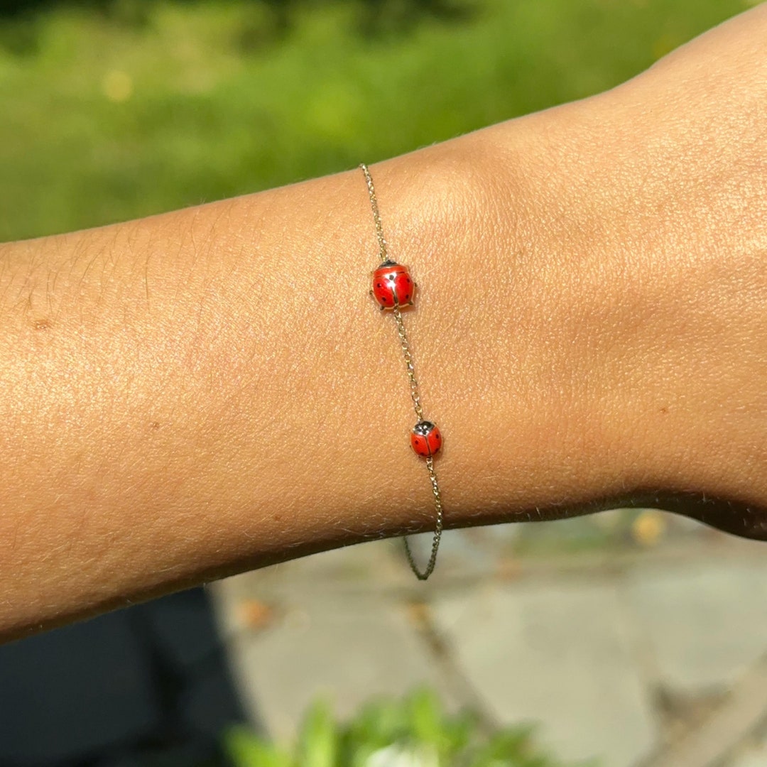 14KT Yellow Gold Double Red Ladybug Charm Station Chain Bracelet Good ...