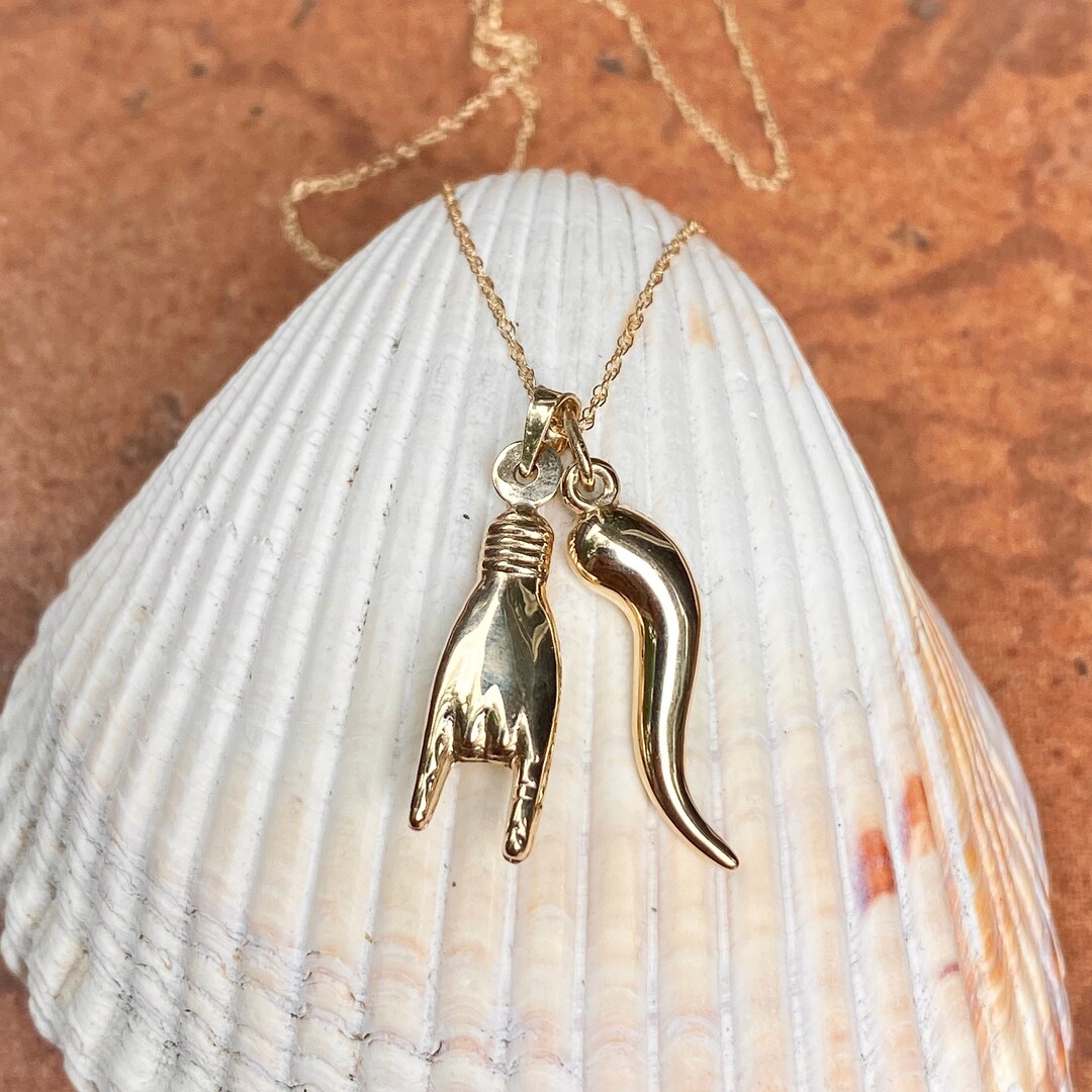 14KT Yellow Gold 25MM Italian Mano Cornuto + Horn Corno Pendant Charms ...