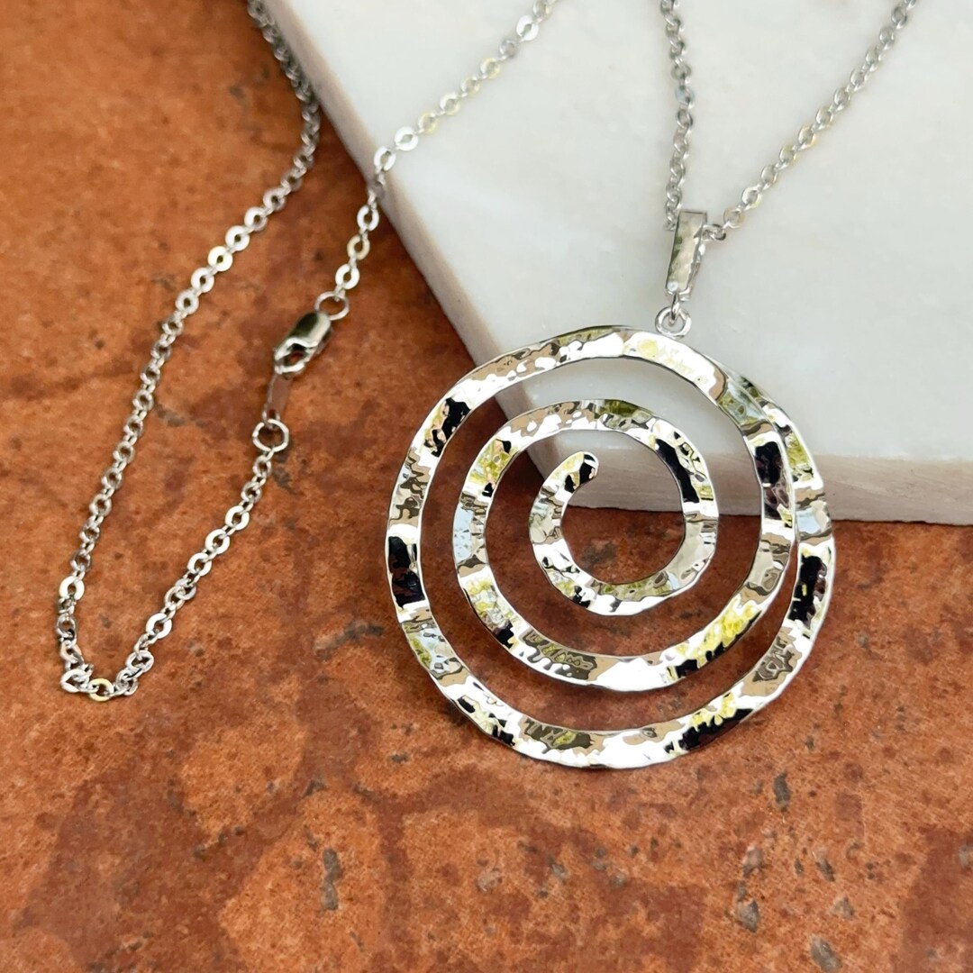 Sterling Silver Large Hammered Circle Swirl Pendant Chain Necklace ...