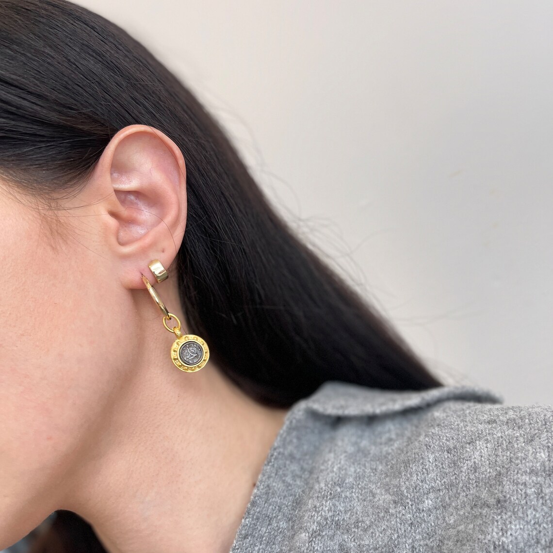 Yellow Gold-tone Detailed Faux Coin Shaped Round Dangle Earring Charms ...