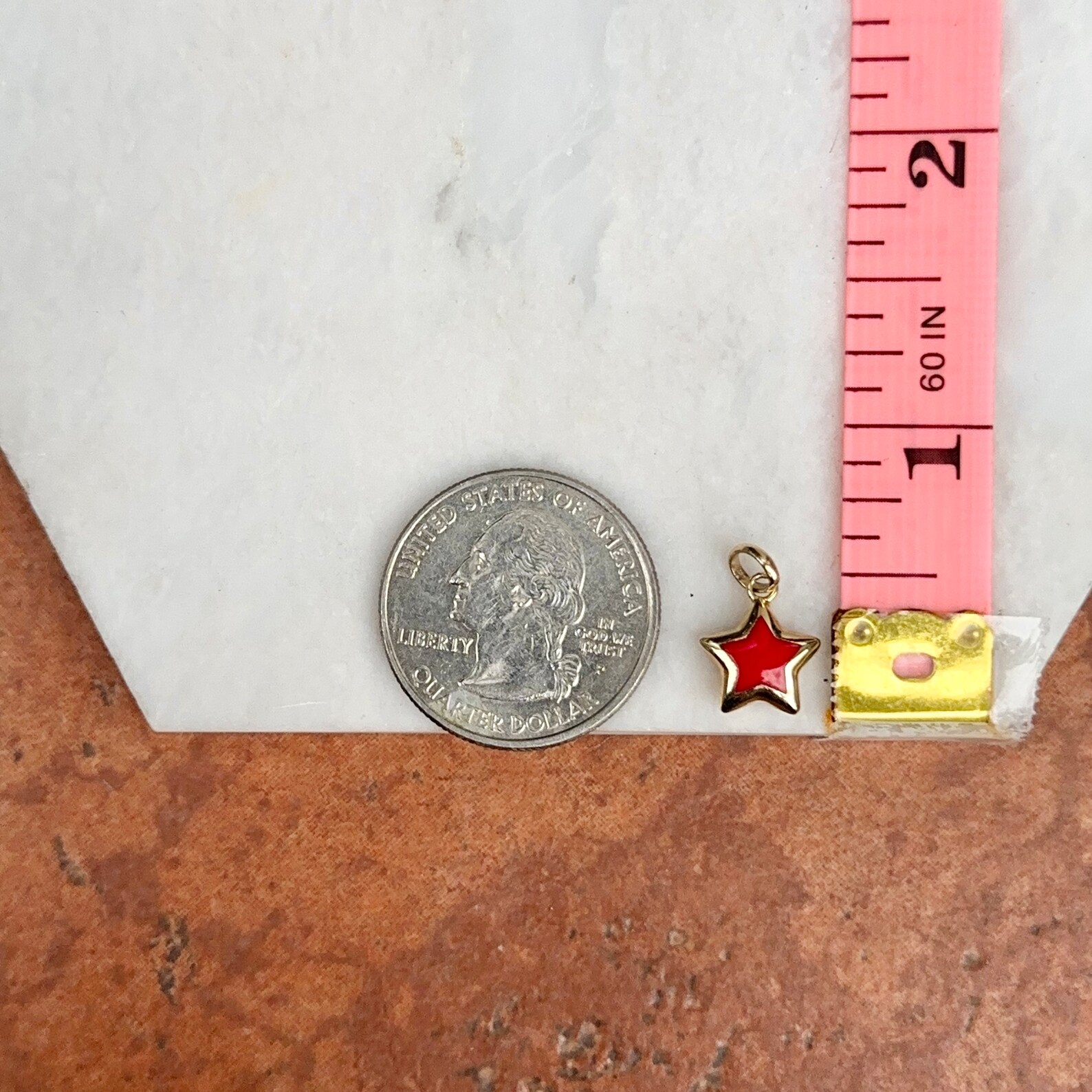 14KT Yellow Gold Puffed Star Red Enamel Inlayed Pendant Charm NEW Small ...
