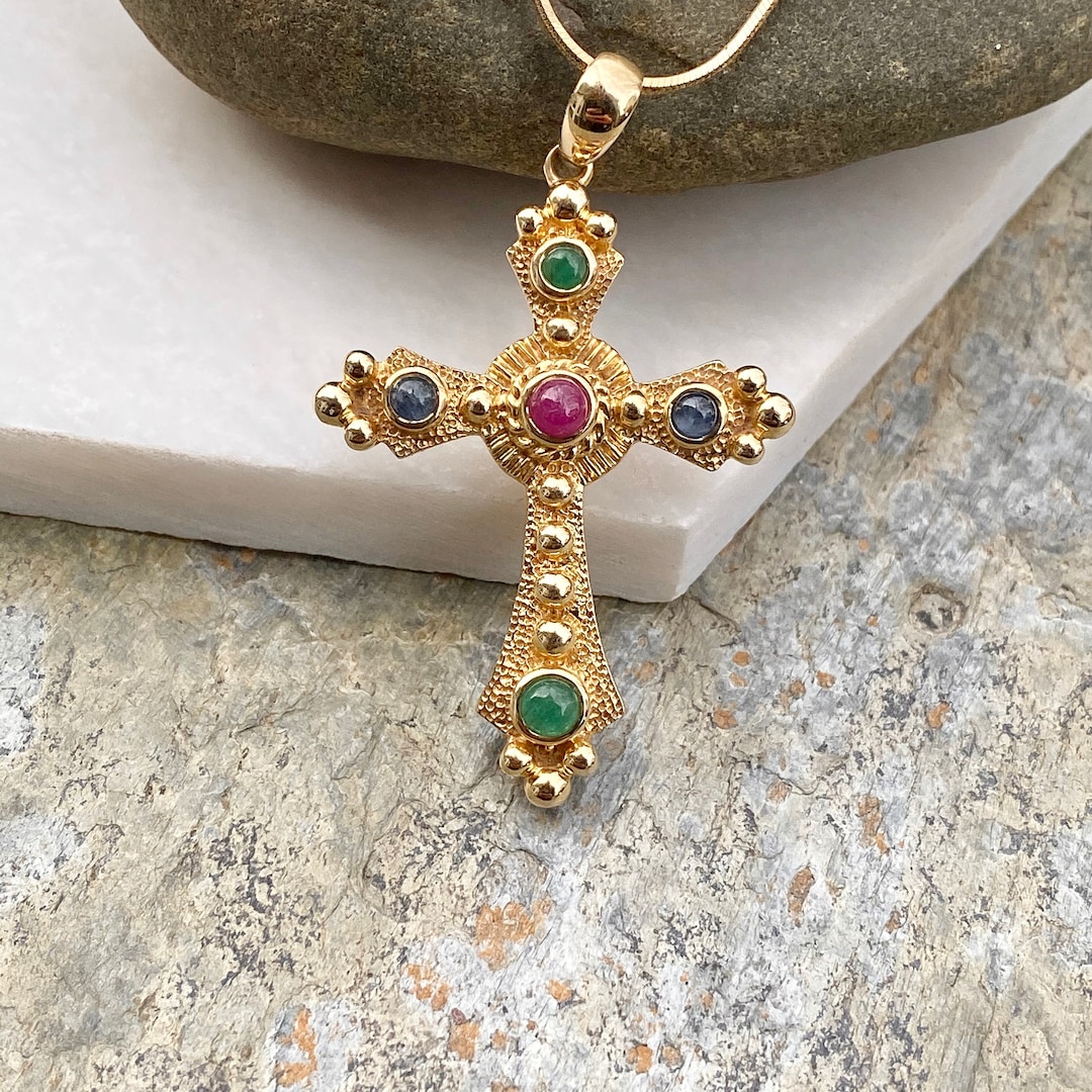 14KT Yellow Gold Byzantine Etruscan Cross Emerald Ruby + Sapphire ...