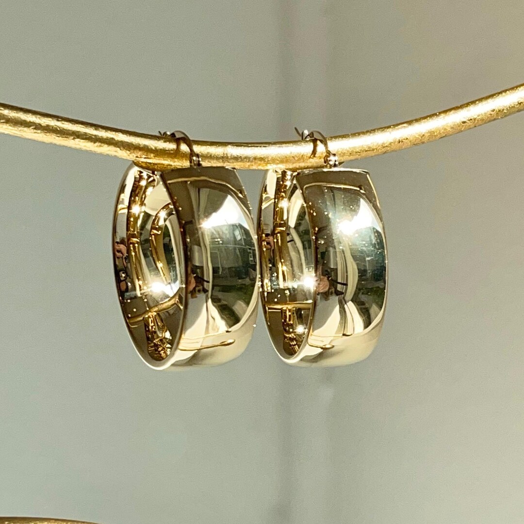 14KT Yellow Gold Wide Round Hoop Earrings NEW 25mm X 10mm Chunky Bold ...