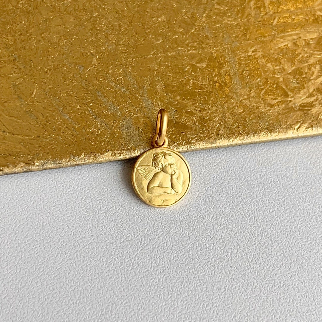 18KT Yellow Gold Mini Solid Angel Raphael Round Medal Pendant Charm NEW ...