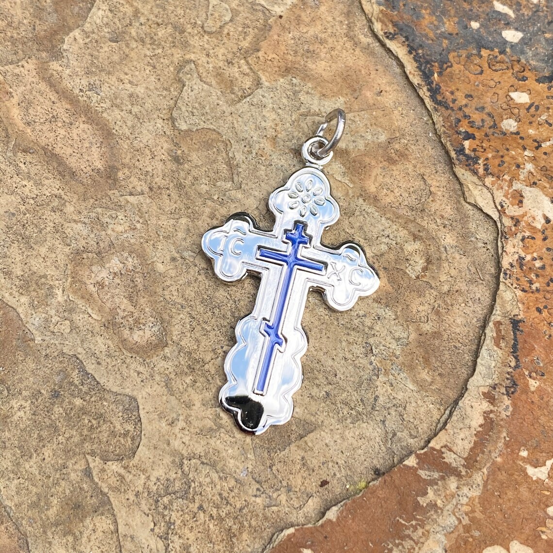 Sterling Silver Blue Enamel Eastern Orthodox Cross Detailed | Etsy