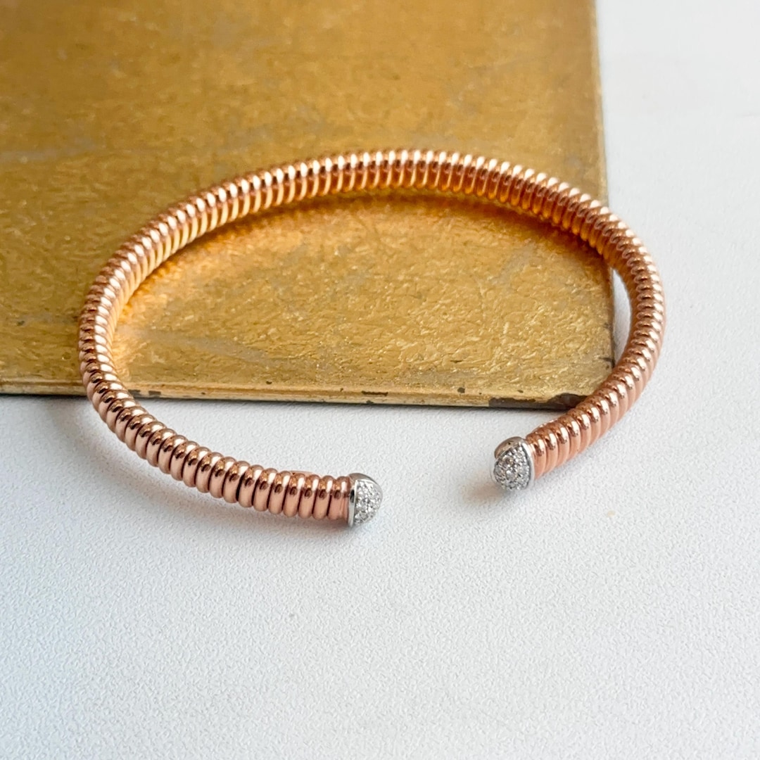 Rare 18KT Rose Gold Pave Diamond End Caps Corrugated Bangle Cuff ...