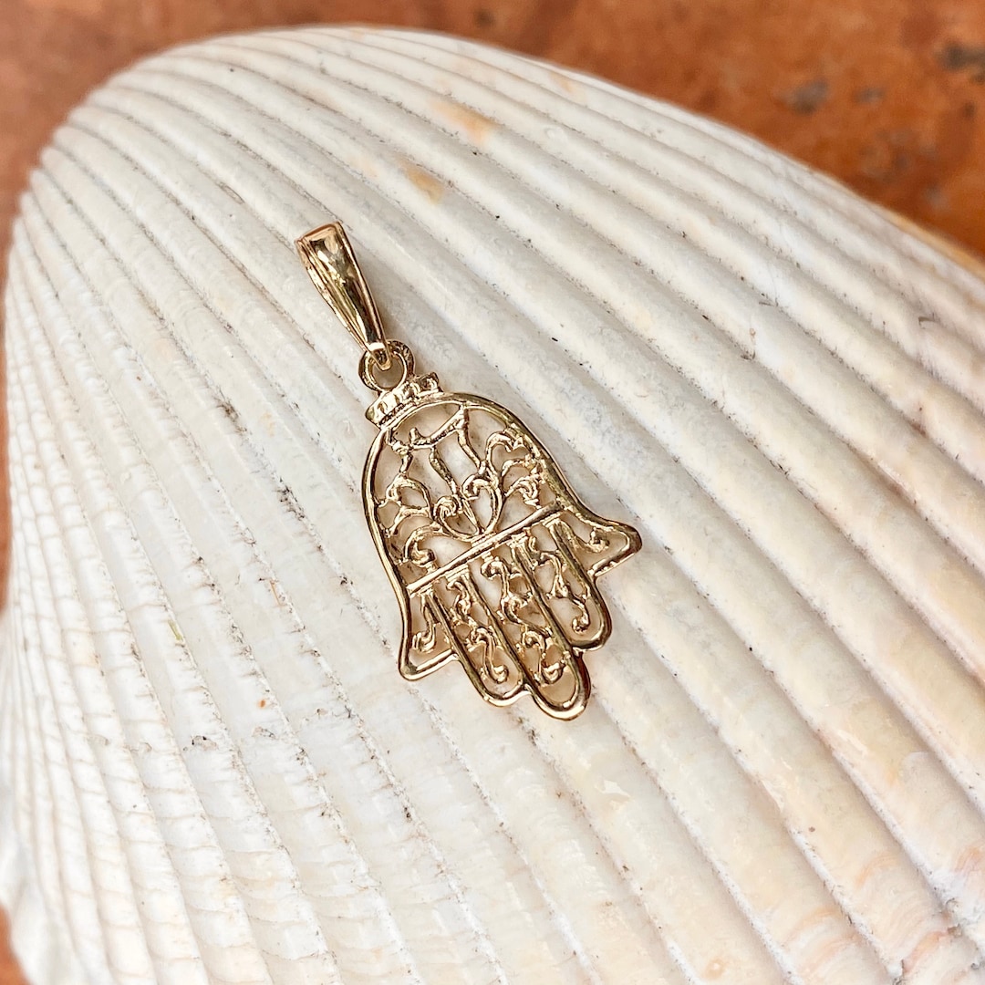 10KT or 14KT Yellow Gold Filigree Hand of Fatima Hamsa Chamseh Evil Eye ...