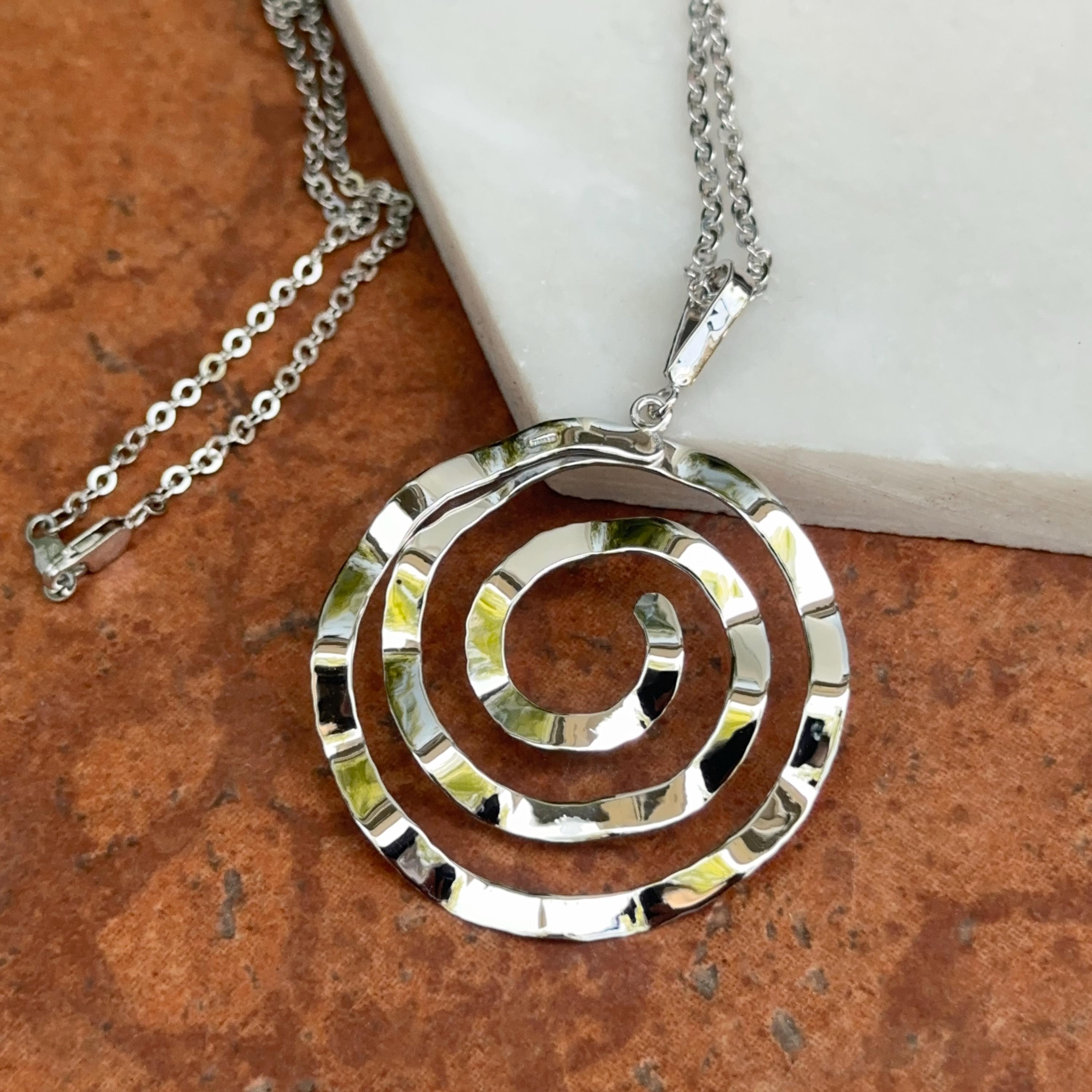 Sterling Silver Large Hammered Circle Swirl Pendant Chain Necklace ...