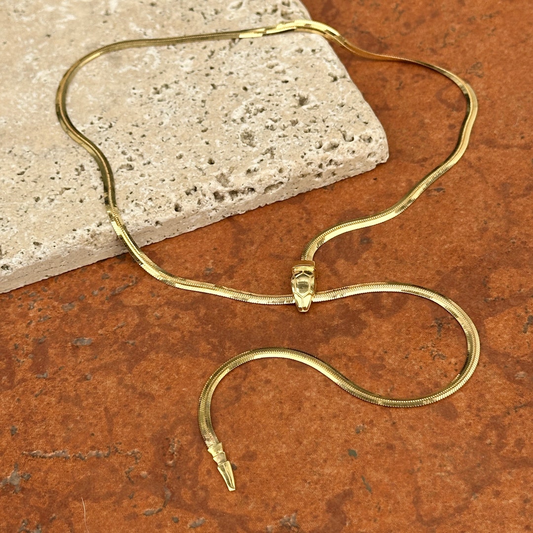 14KT Yellow Gold Solid Serpent Snake Head Clasp Herringbone Chain ...