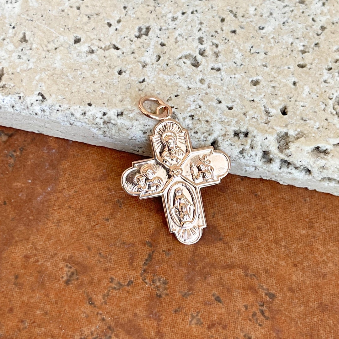 14KT Rose Gold Four Way Catholic Cross Medal Engraved Pendant Charm 24 ...