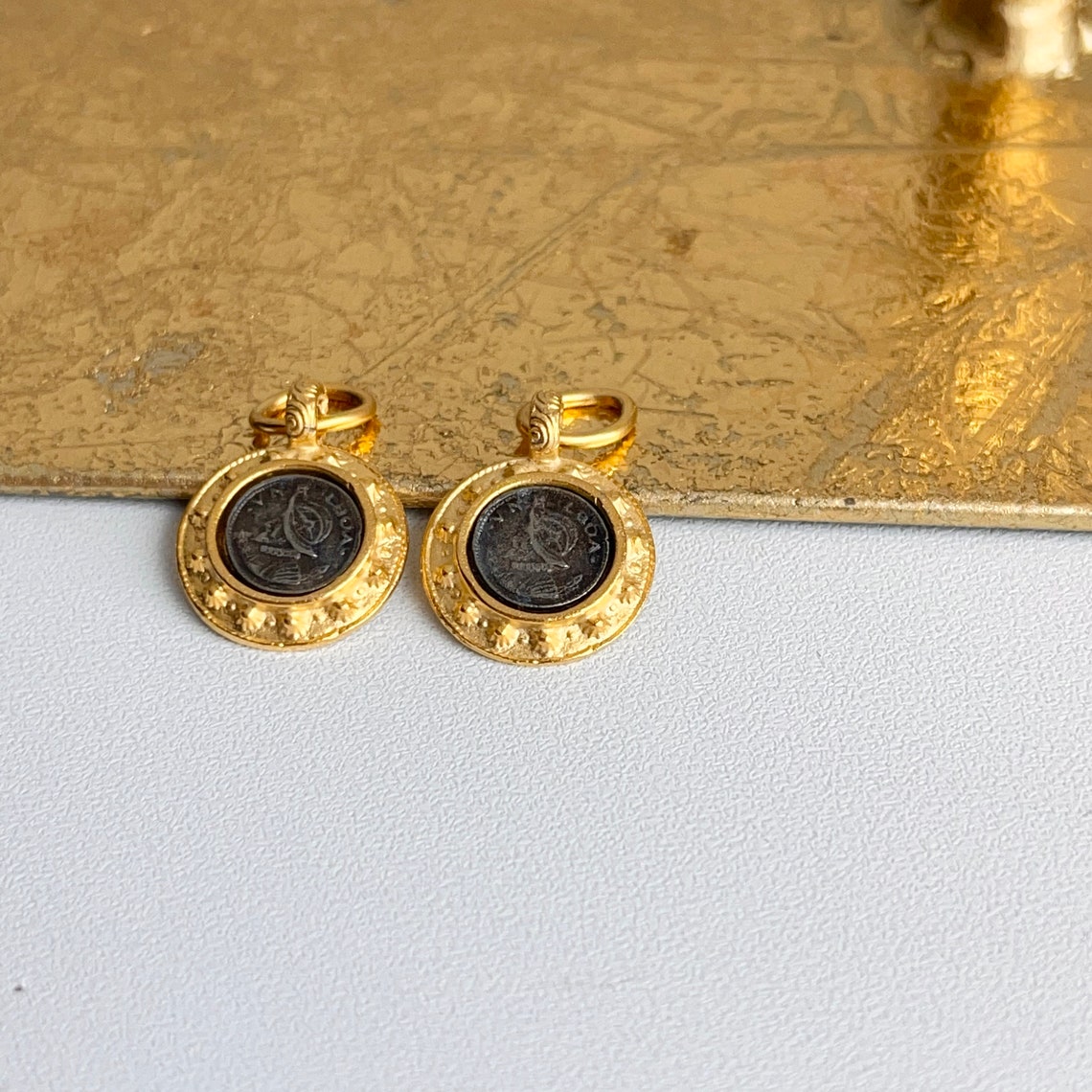Yellow Gold-tone Detailed Faux Coin Shaped Round Dangle Earring Charms ...
