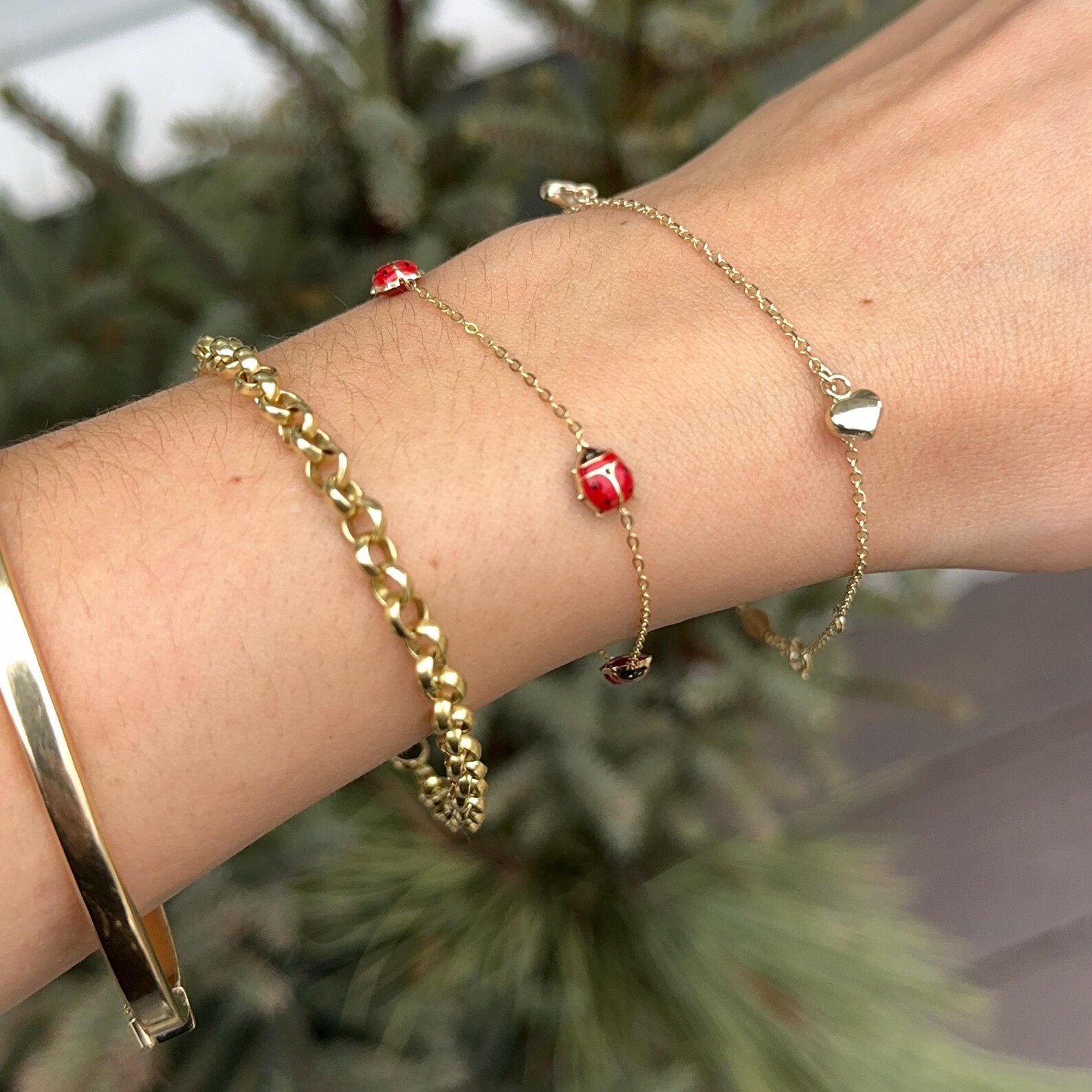 14KT Yellow Gold Triple Red Ladybug Charm Station Chain Bracelet Good ...