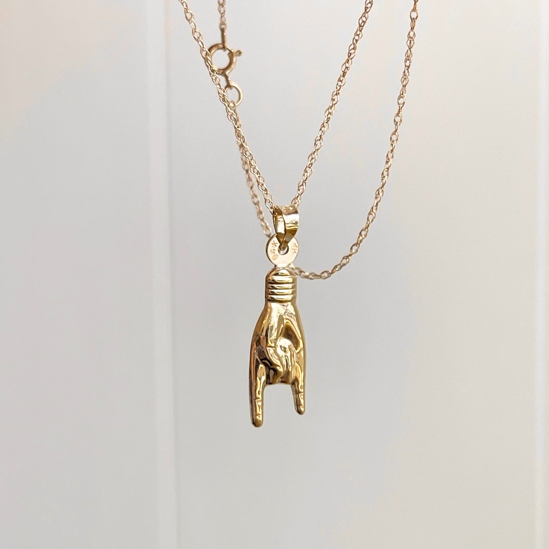 14KT Yellow Gold 3D 25mm Italian Mano Cornuto Hand Symbol Good Luck ...