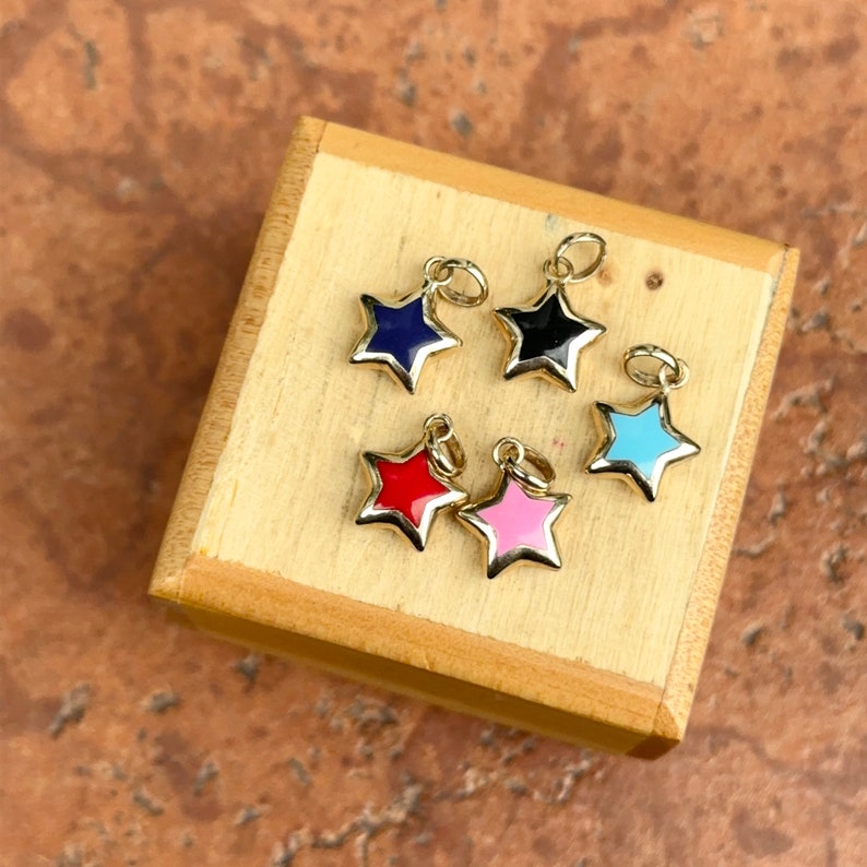 14KT Yellow Gold Puffed Star Red Enamel Inlayed Pendant Charm NEW Small ...