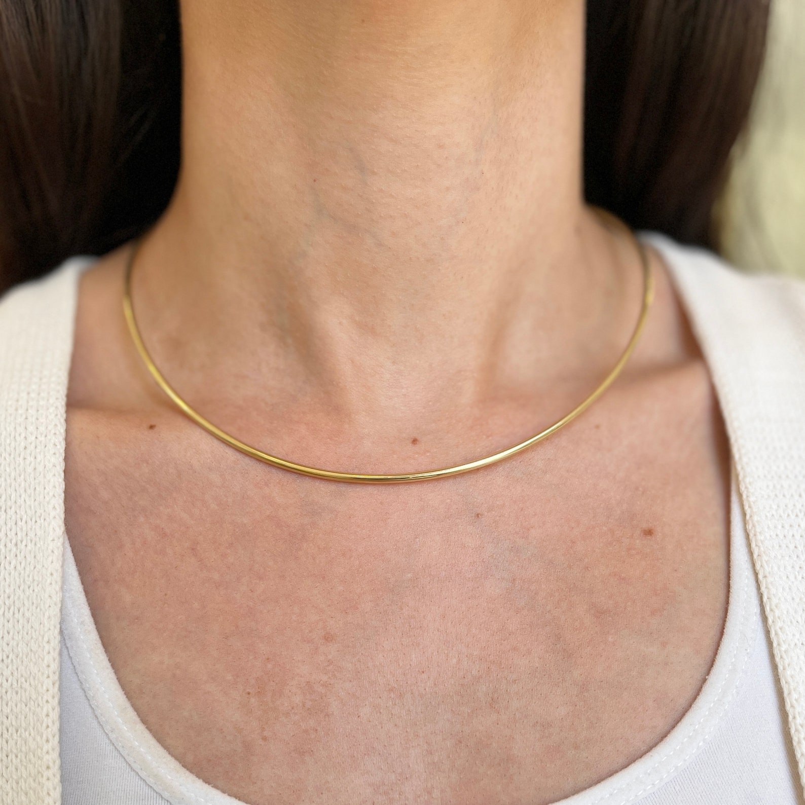 18KT Yellow Gold 2.5MM Hard Stiff Round Neck Wire Tube Open Collar ...