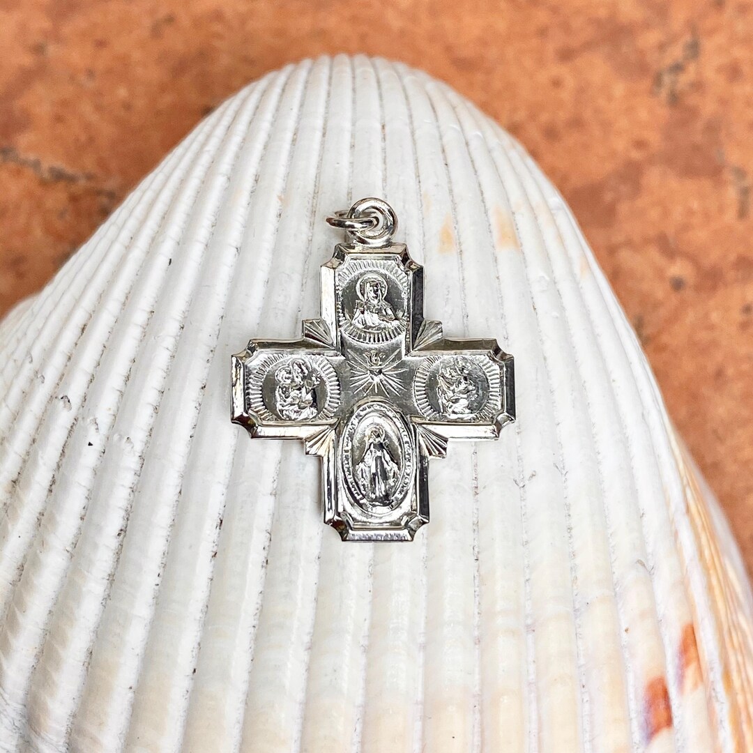 Sterling Silver Four Way Catholic Cross Medal Engraved Pendant Charm ...