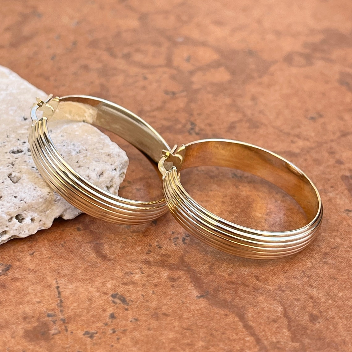 14KT Yellow Gold Ribbed Lined Design Gold Shiny 7mm Wide Large - Etsy