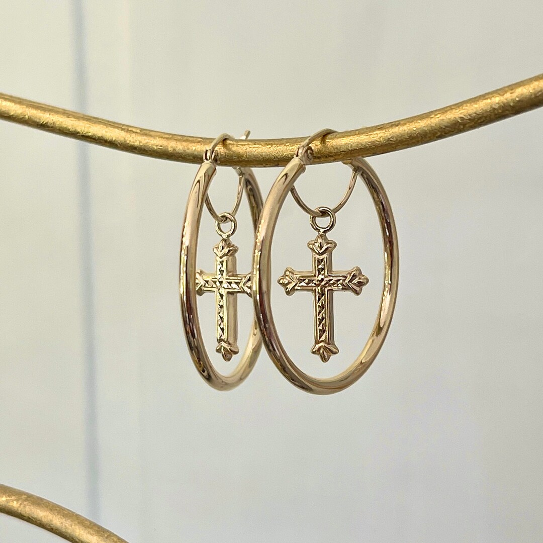 14KT Yellow Gold Textured Cross Charm Inside Tube Hoop - Etsy