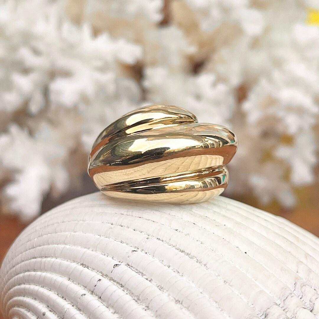 14KT Yellow Gold Polished Ribbed Design Wide Cigar Band Ring Dome NEW ...