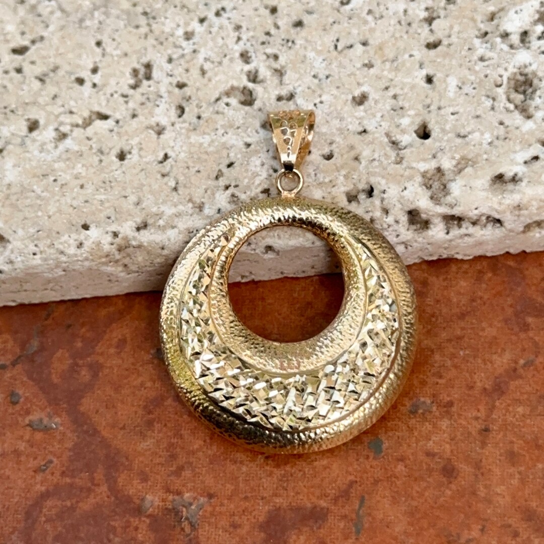 14KT Yellow Gold Diamond Cut Textured Round Circle Disc Double Sided ...
